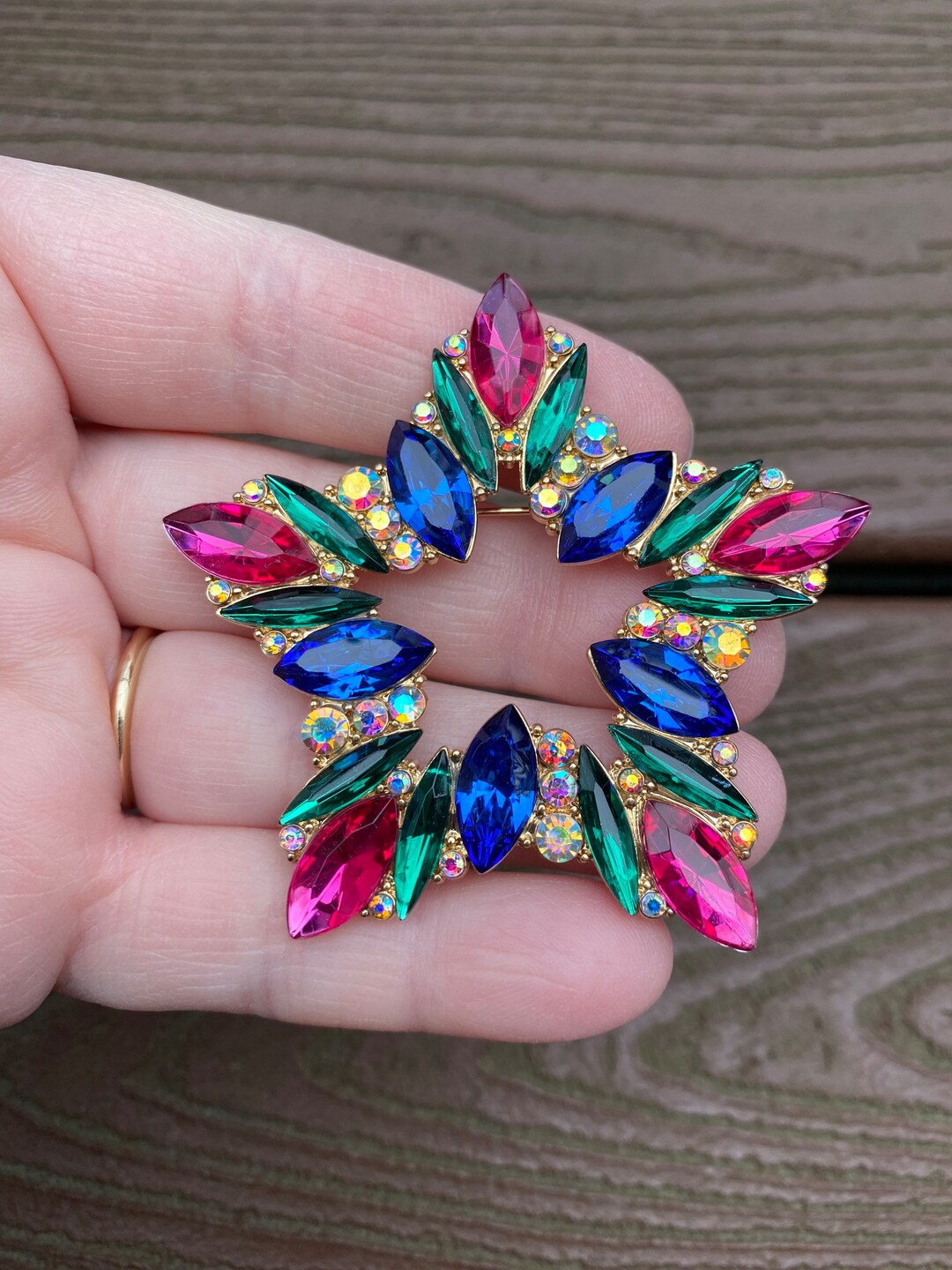 Vintage Jewelry Exquisite Pink Blue and Green Marquis Rhinestone Star Pin Brooch - Etsy