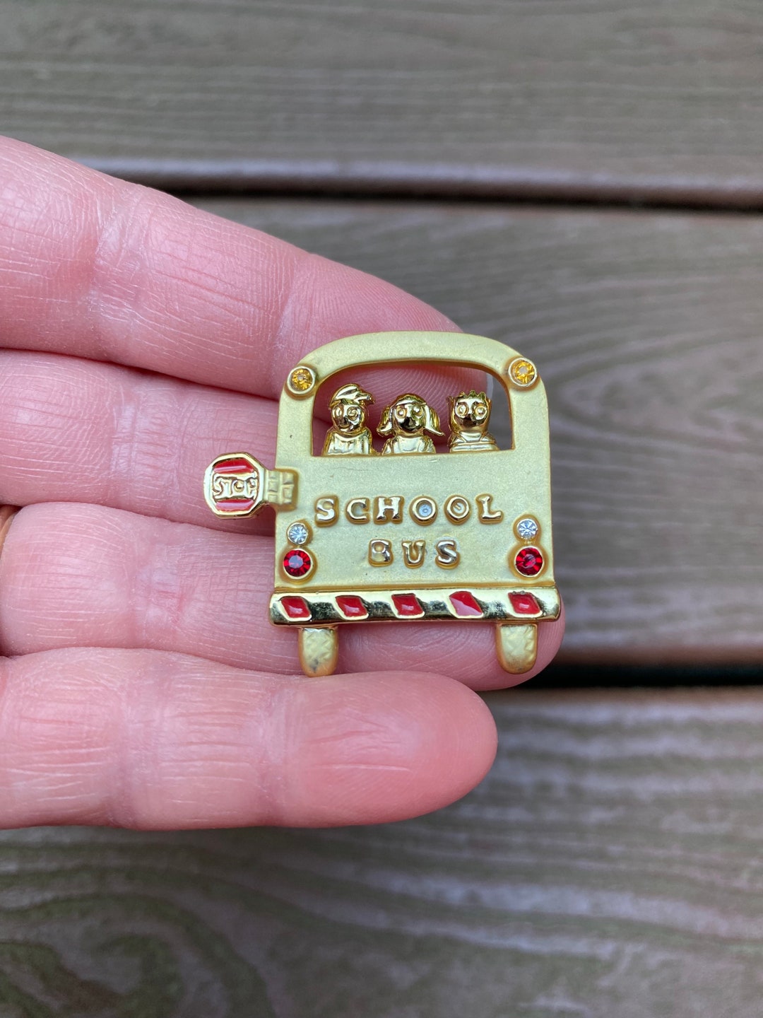 Vintage Jewelry Adorable Gold Tone and Rhinestone School Bus With Happy ...