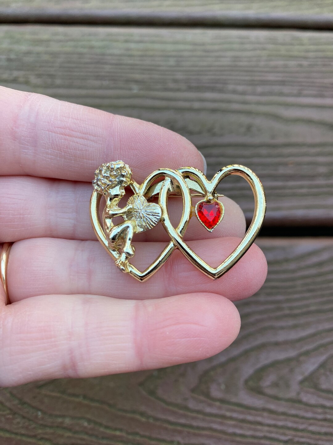 Vintage Jewelry Adorable Gold Tone and Rhinestone Cupid With Hearts ...