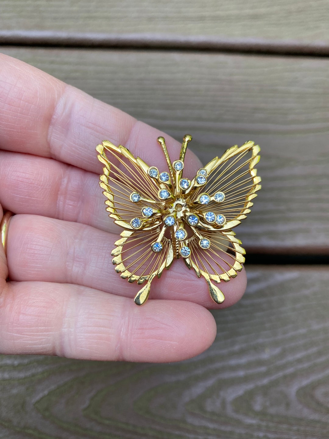 Vintage Jewelry Beautiful Gold Tone and Rhinestone Wire Butterfly ...