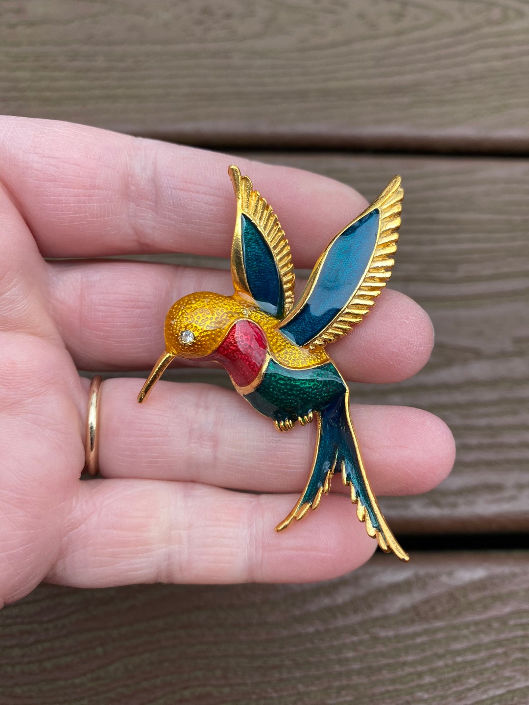 Vintage Jewelry Gorgeous Enamel and Rhinestone Hummingbird Bird Pin ...