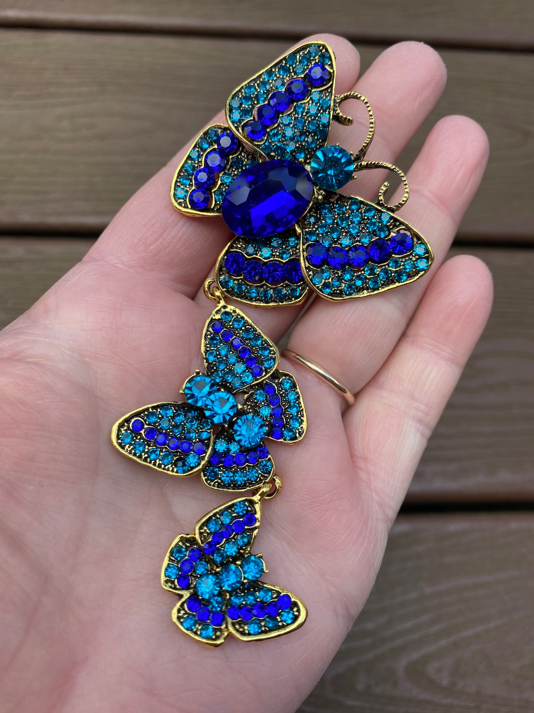 Vintage Jewelry Gorgeous Blue Rhinestone Butterfly Trio Statement Pin ...