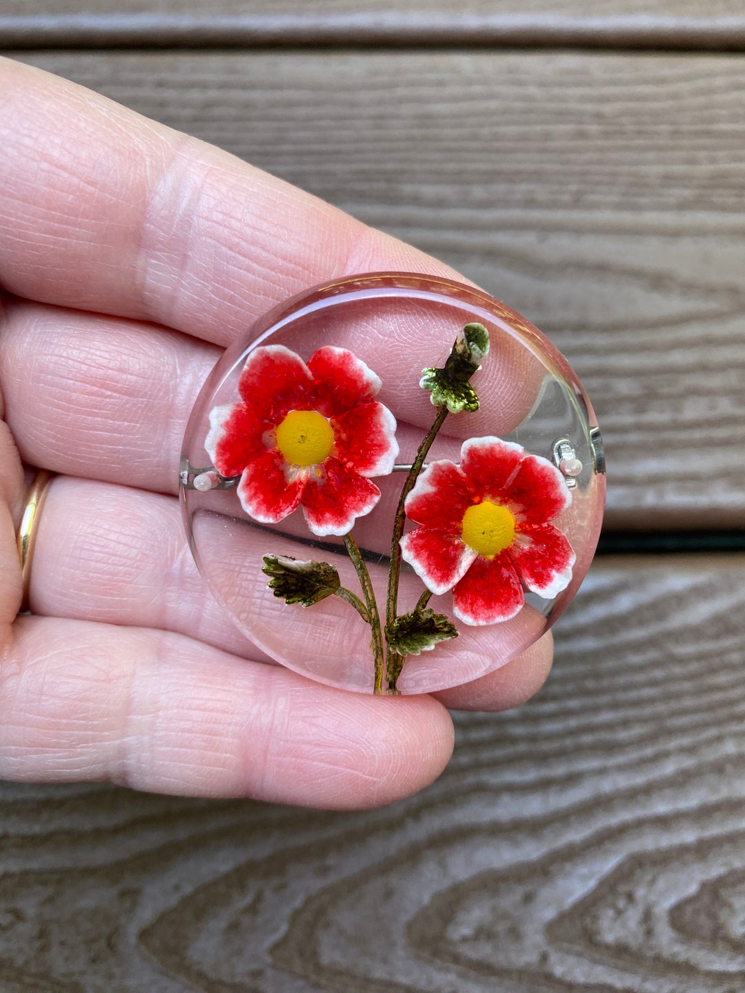 Vintage Jewelry Gorgeous Reverse Painted Red Flowers in Lucite Pin ...