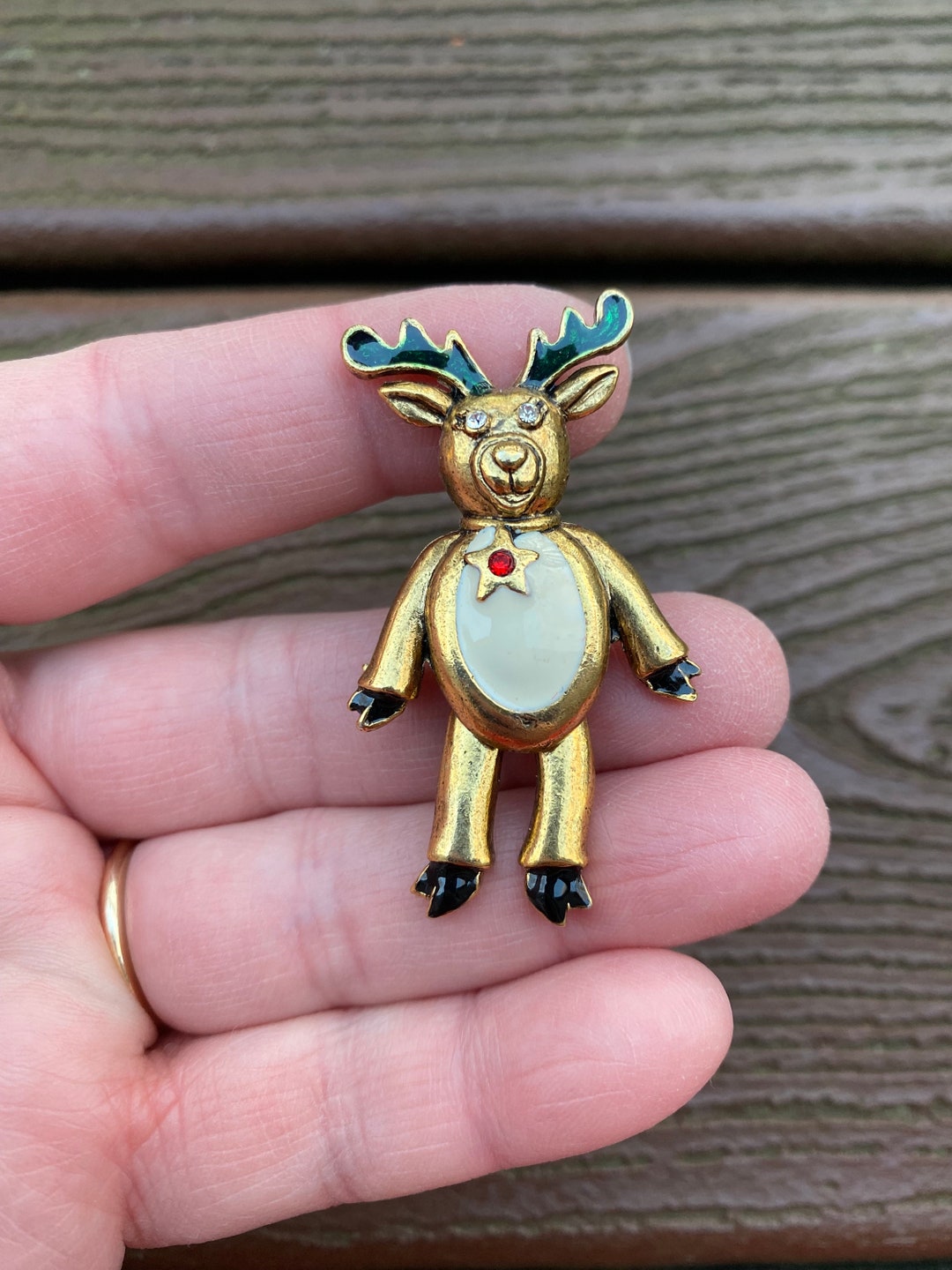 Vintage Jewelry Adorable Gold Tone and Rhinestone Christmas Reindeer ...