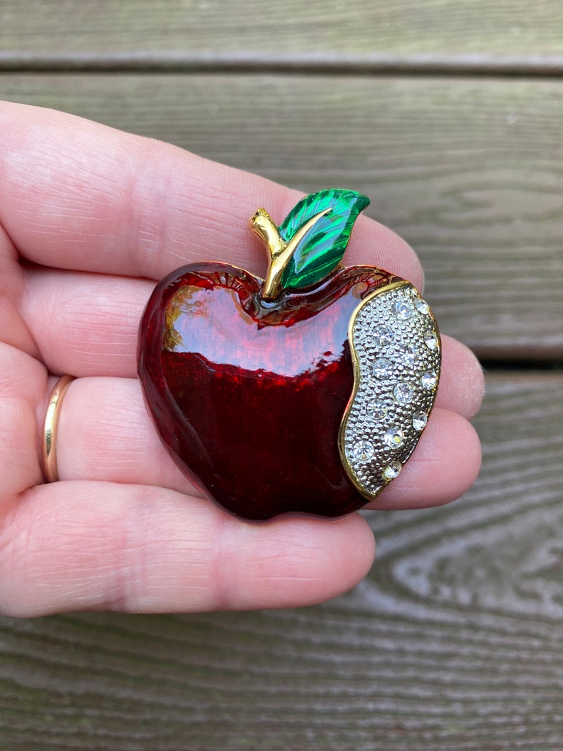Vintage Jewelry Beautiful Enamel and Rhinestone Apple Fruit Pin Brooch ...
