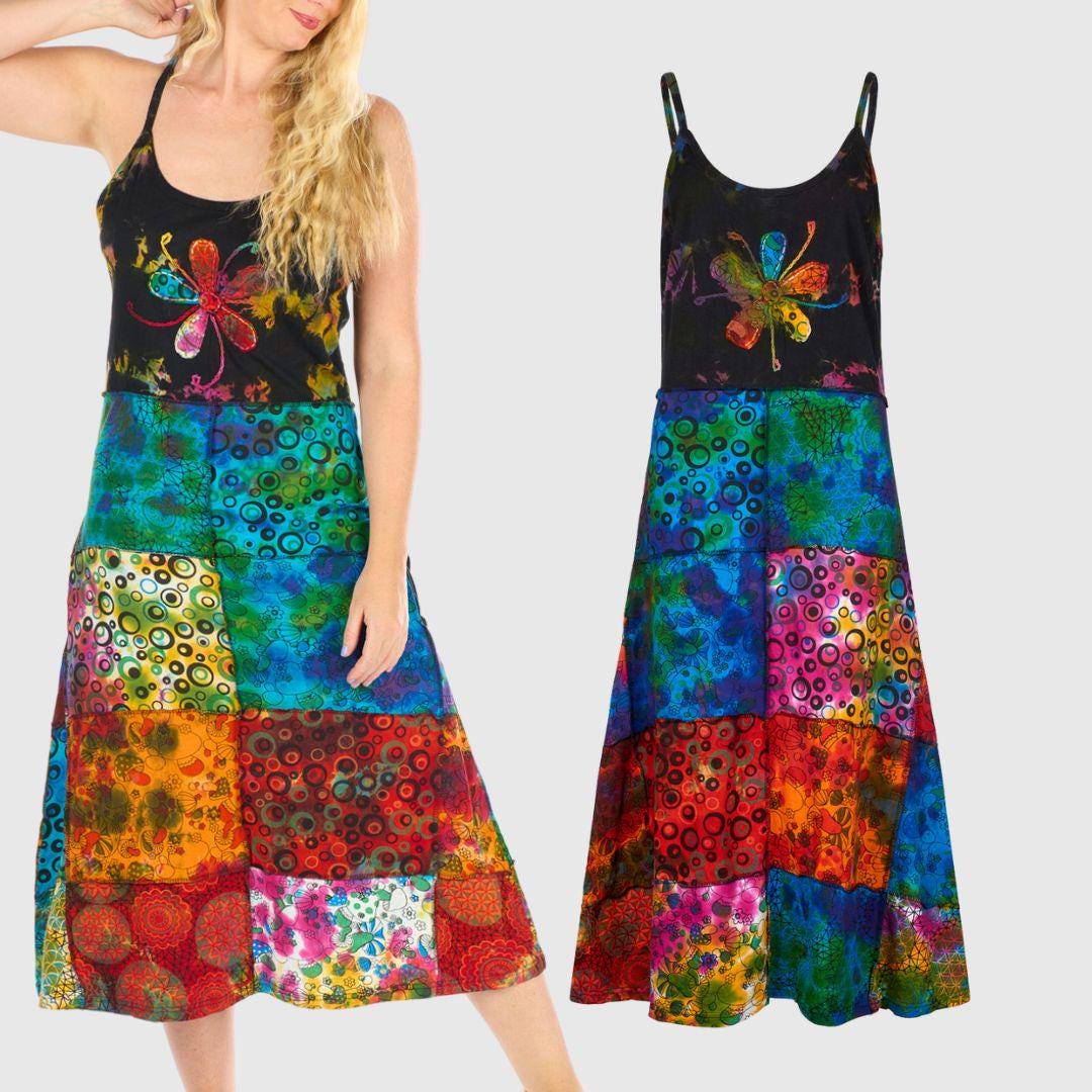 New SUMMER DRESS Patchwork Strappy Dress With Pockets Summer Rainbow ...