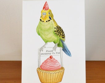 Parakeet Birthday Card, Party Hat and Balloons, Blue Budgie Gift, Pet ...