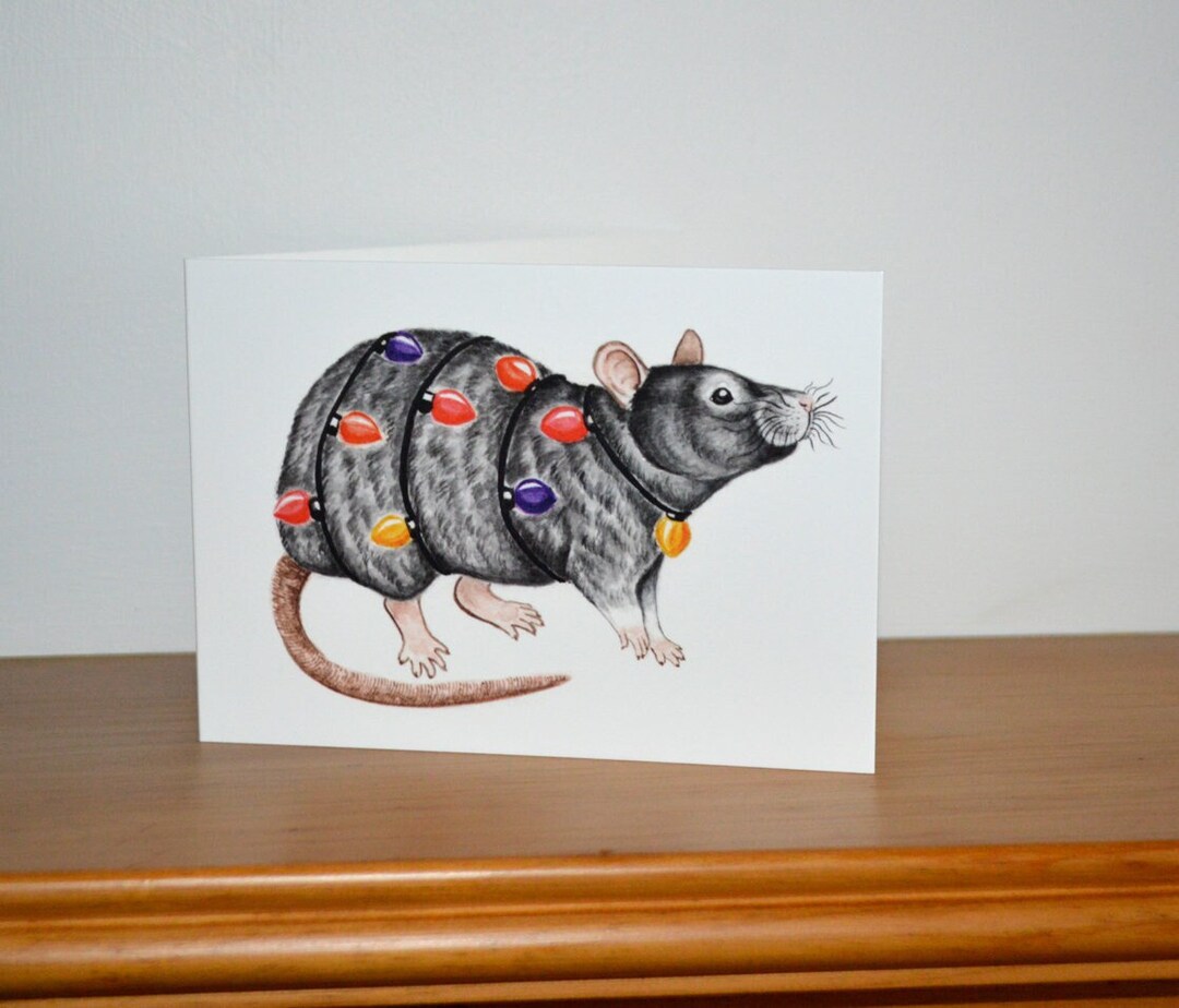 Rat With Fairy Lights Greetings Card, Rat Festive Card - Etsy