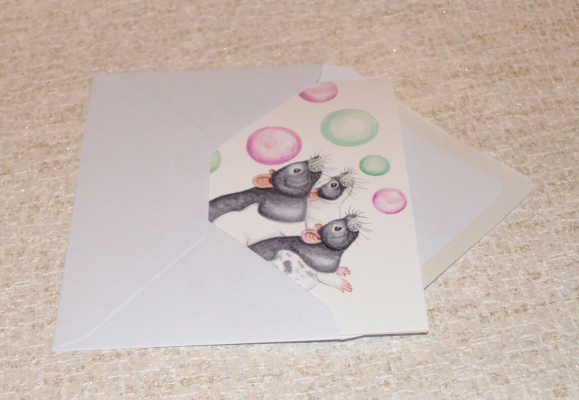 Rat Family Greetings Card, Pet Rats Watching Bubbles, Great for ...