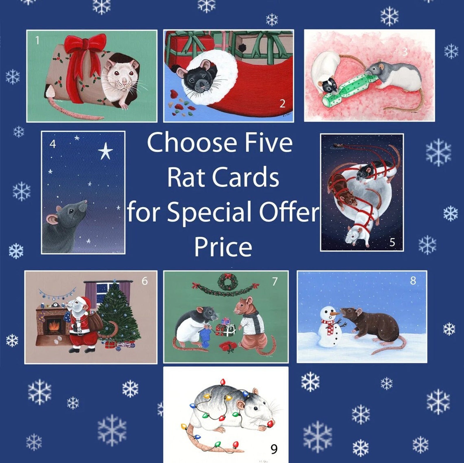 Rat Christmas Card Pack, Pack of Five Cards, Choose Five Designs, Great ...