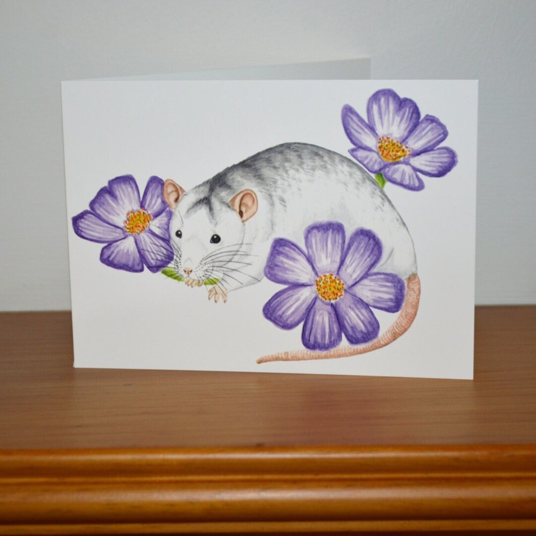 Rat With Purple Flowers Greetings Card, Cute Rat Card - Etsy