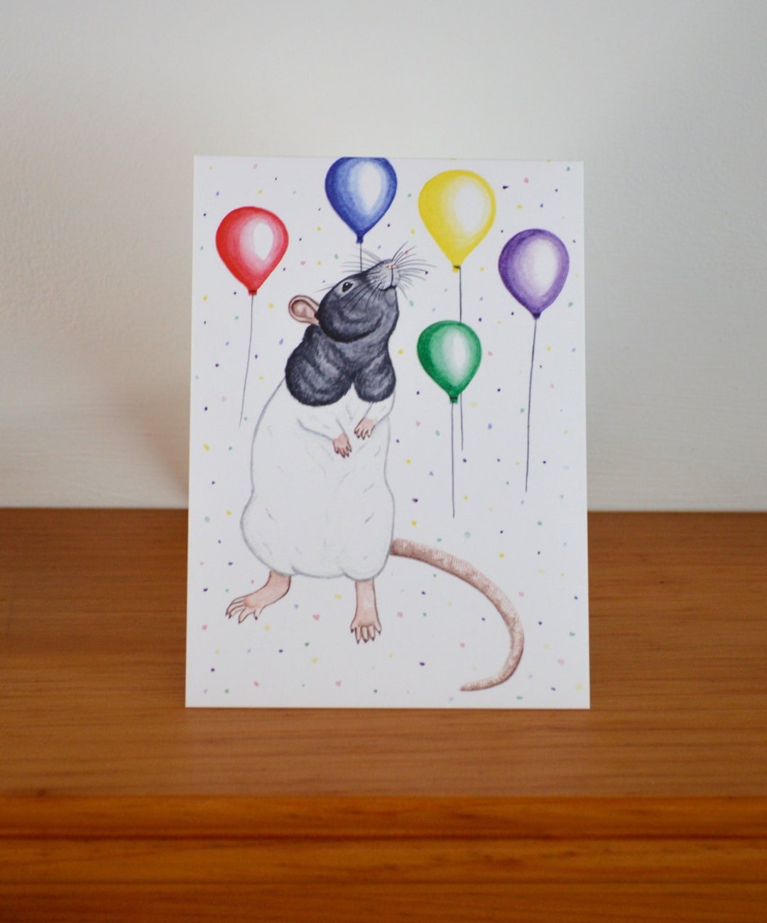 Rat Birthday Card, Rat With Balloons, Celebration Rat Greetings Card ...