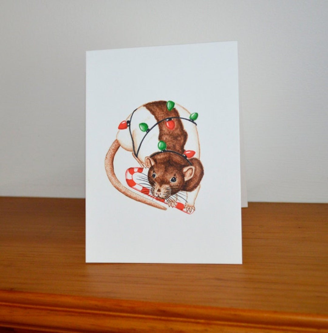 Rat Festive Greetings Card, Hooded Rat With Fairy Lights, Rat Christmas ...