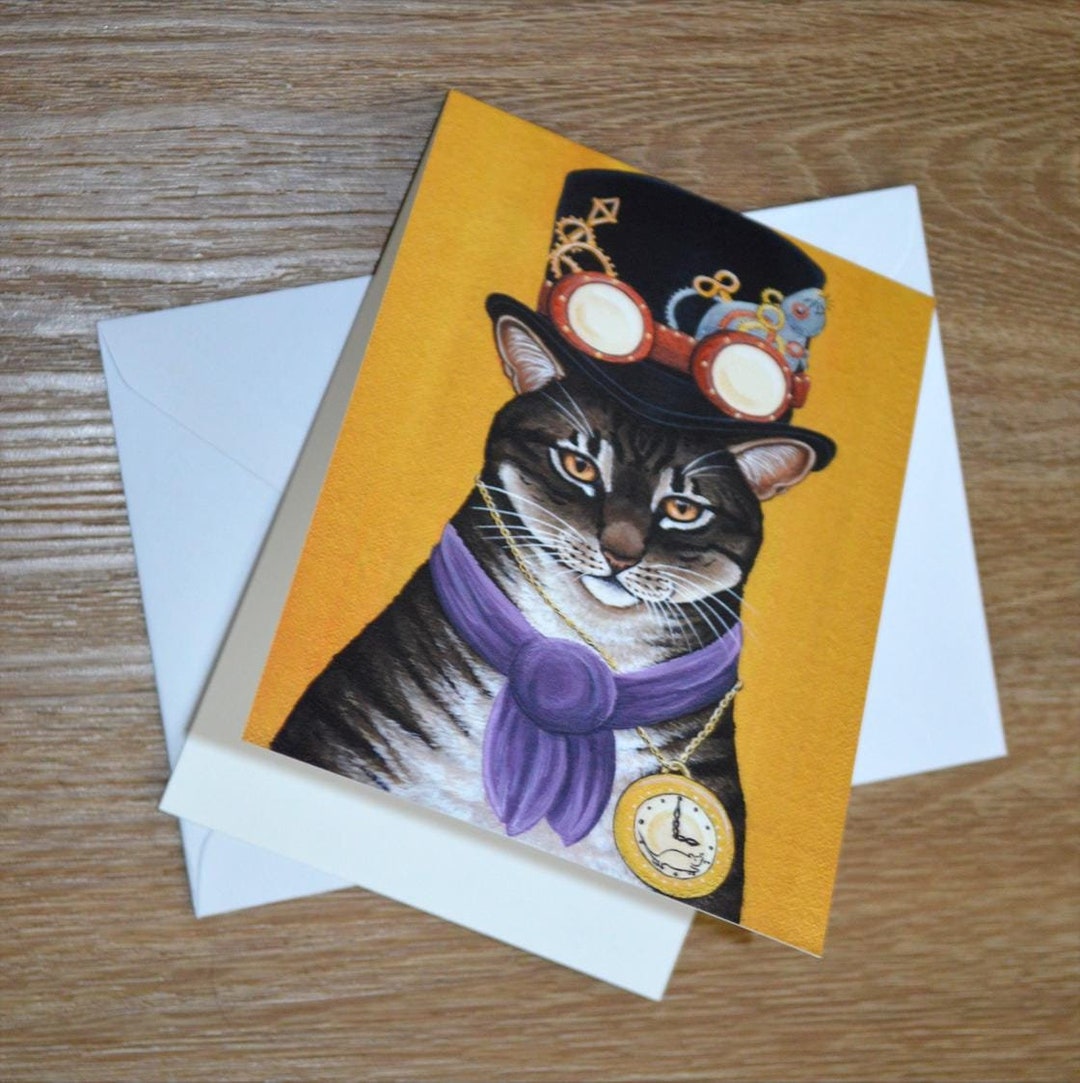 Steampunk Tabby Cat Greetings Card, Steampunk Card - Etsy