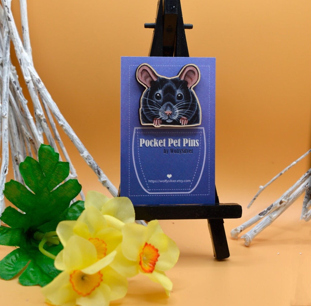 Black Mouse Pin Badge, Satin Fancy Mice Pin, Wooden Mouse Lapel Badge ...