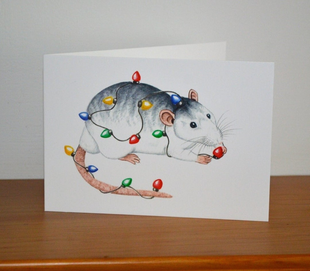 Rat Christmas Card, Roan Rat With Christmas Lights, Xmas Rats Greetings ...