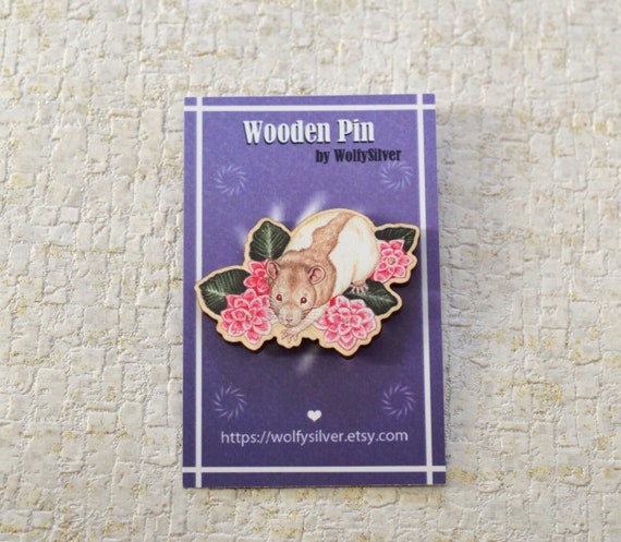 Rat With Flowers Pin Badge Wooden Pin Badge Hooded Rat Gift - Etsy