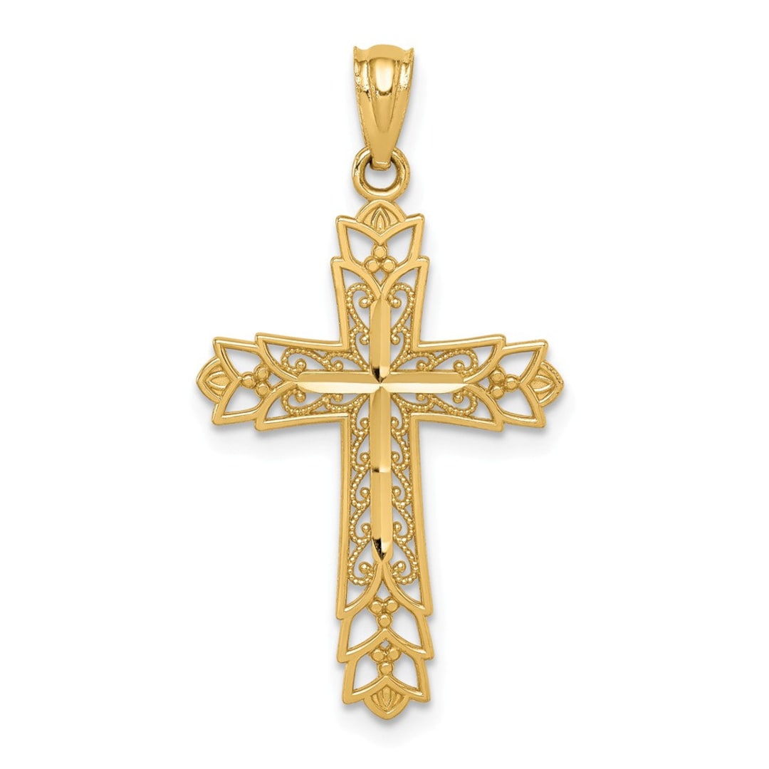 14k Gold Polished Filigree Cross Pendant New Religious Charm Yellow ...