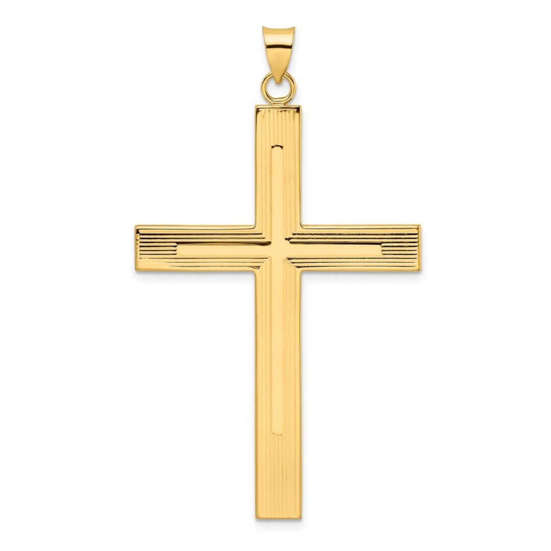 14K Gold Polished and Line Design Solid Cross Pendant - Etsy