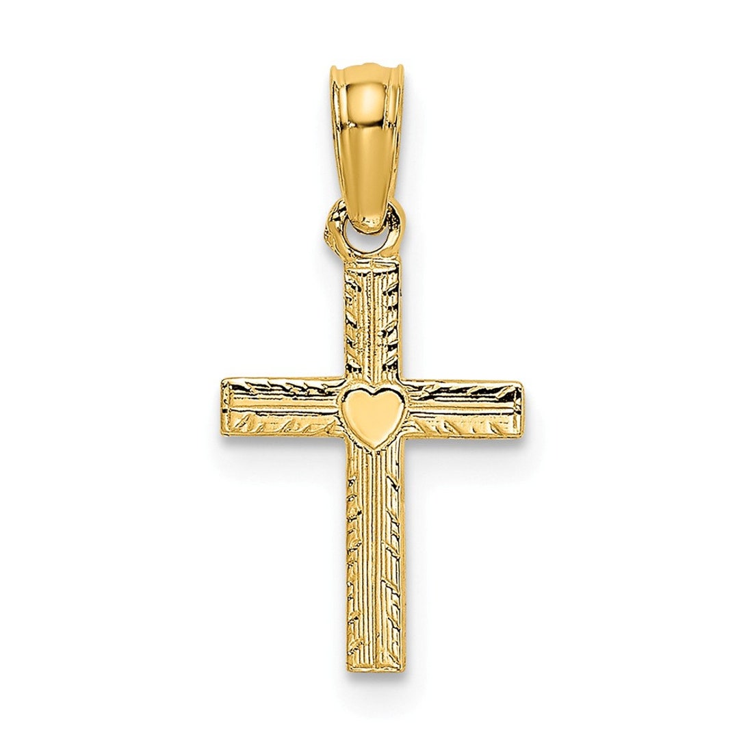 14K Polished Mini Cross W/ Heart Charm - Etsy
