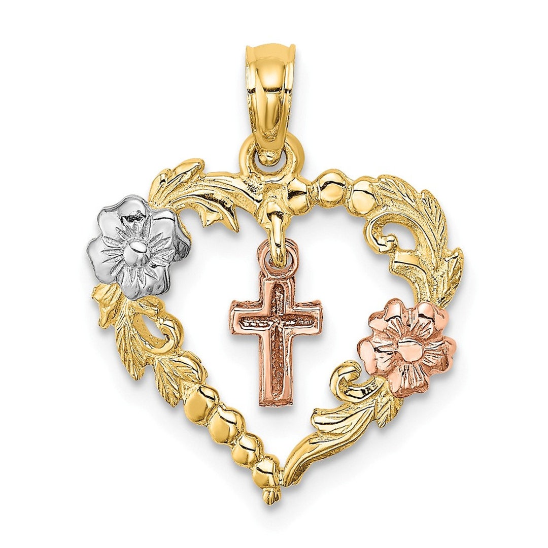14k Tri-color Heart W/ Dangle Cross & Flowers Charm - Etsy