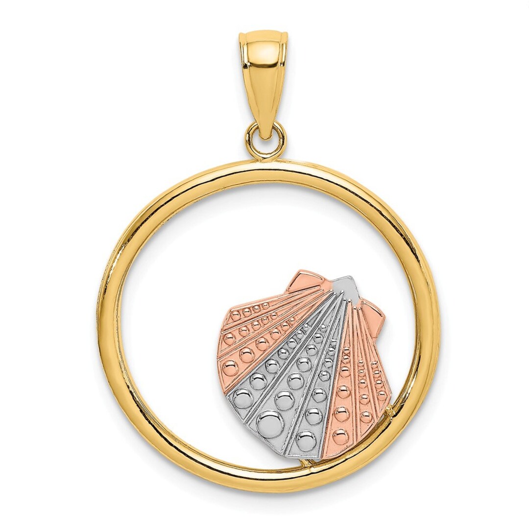 14K Tri-color Scallop Shell in Round Frame Charm - Etsy
