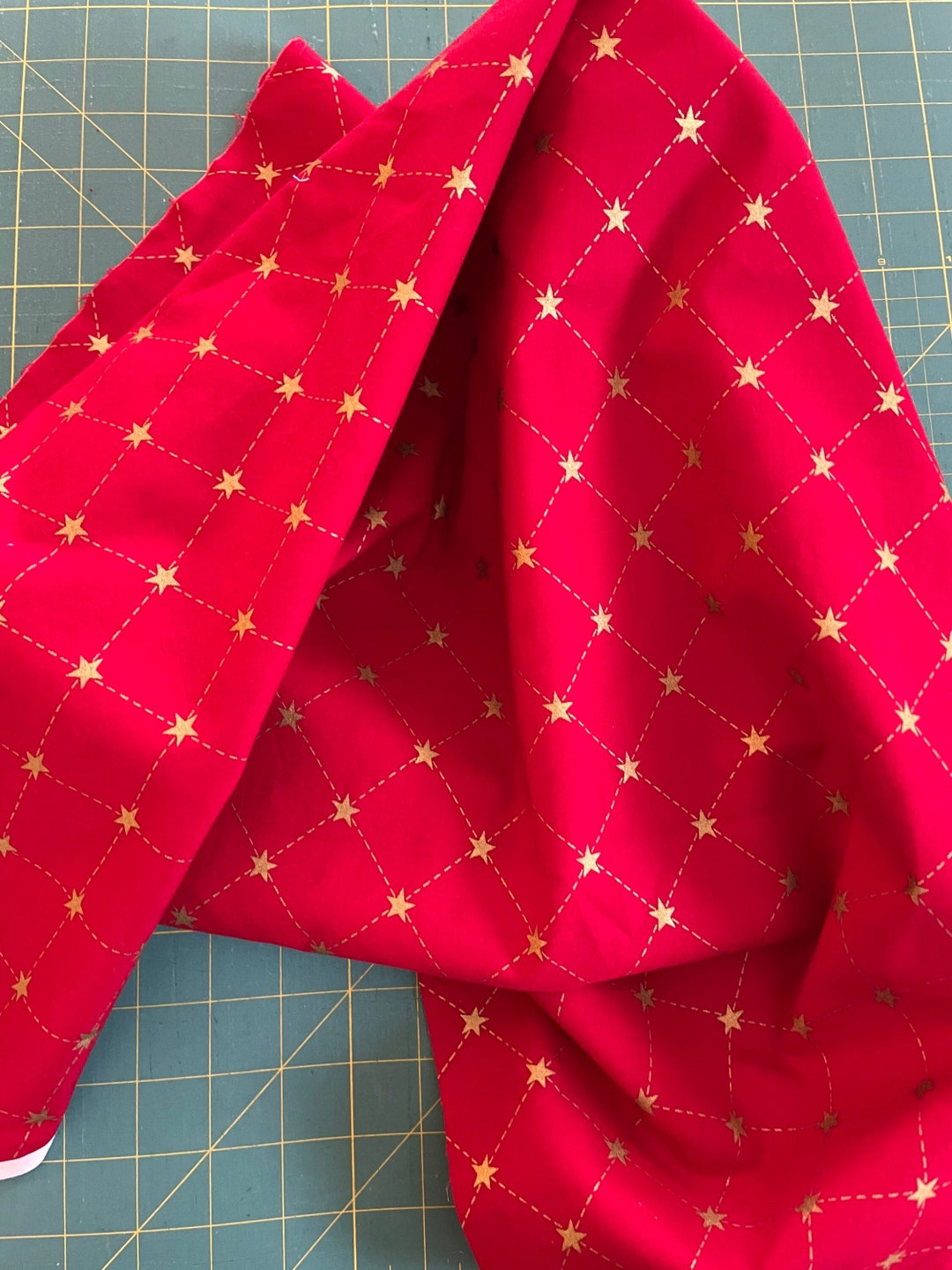 Red and Metallic Gold Gilded Star and Dashed Diamond - Quilting Fabric ...