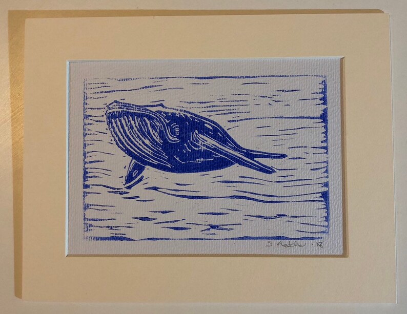 Blue Whale Original Lino Print in 9x7 Mount - Etsy