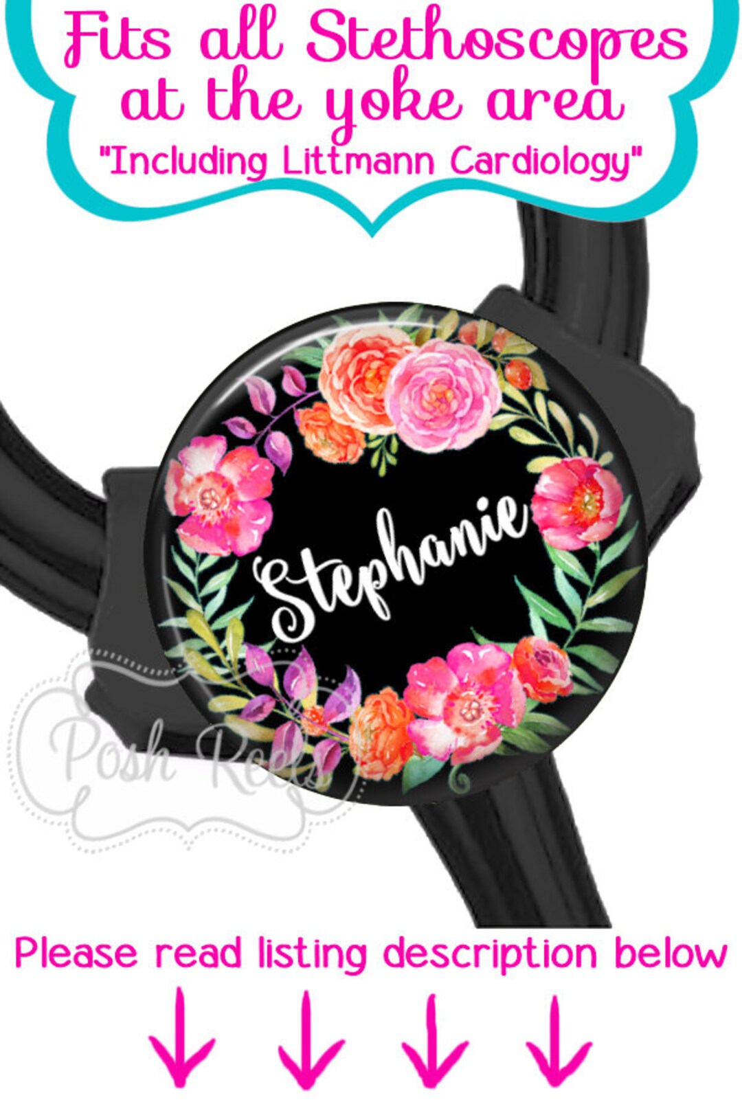 Black & Pink Floral Wreath Stethoscope ID Tag N Cardiology Stethoscope ...