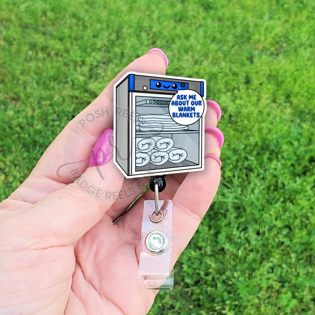 Ask Me About Our Warm Blankets Badge Reel, Cute Blanket Warmer Badge ...