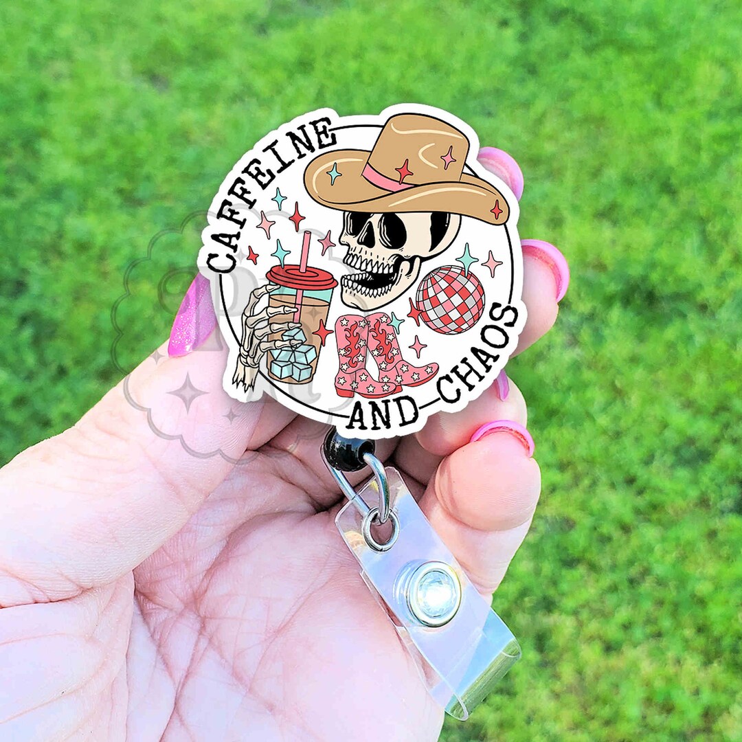 Funny "caffeine and Chaos" Badge Reel, Iced Coffee Cowgirl Badge Reel ...