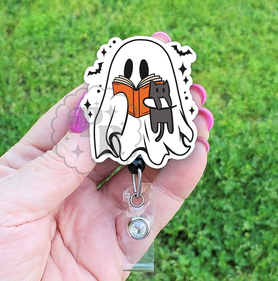 Cute Ghost Badge Reel - Ghost Holding Book and Cat Badge Reel Holder ...