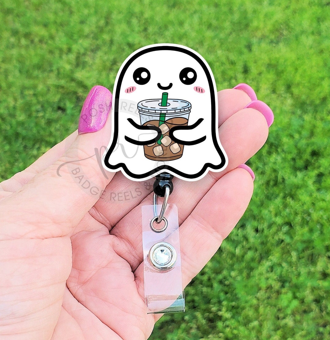 Cute Ghost Badge Reel - Ghost Drinking Iced Coffee Badge Reel Holder ...