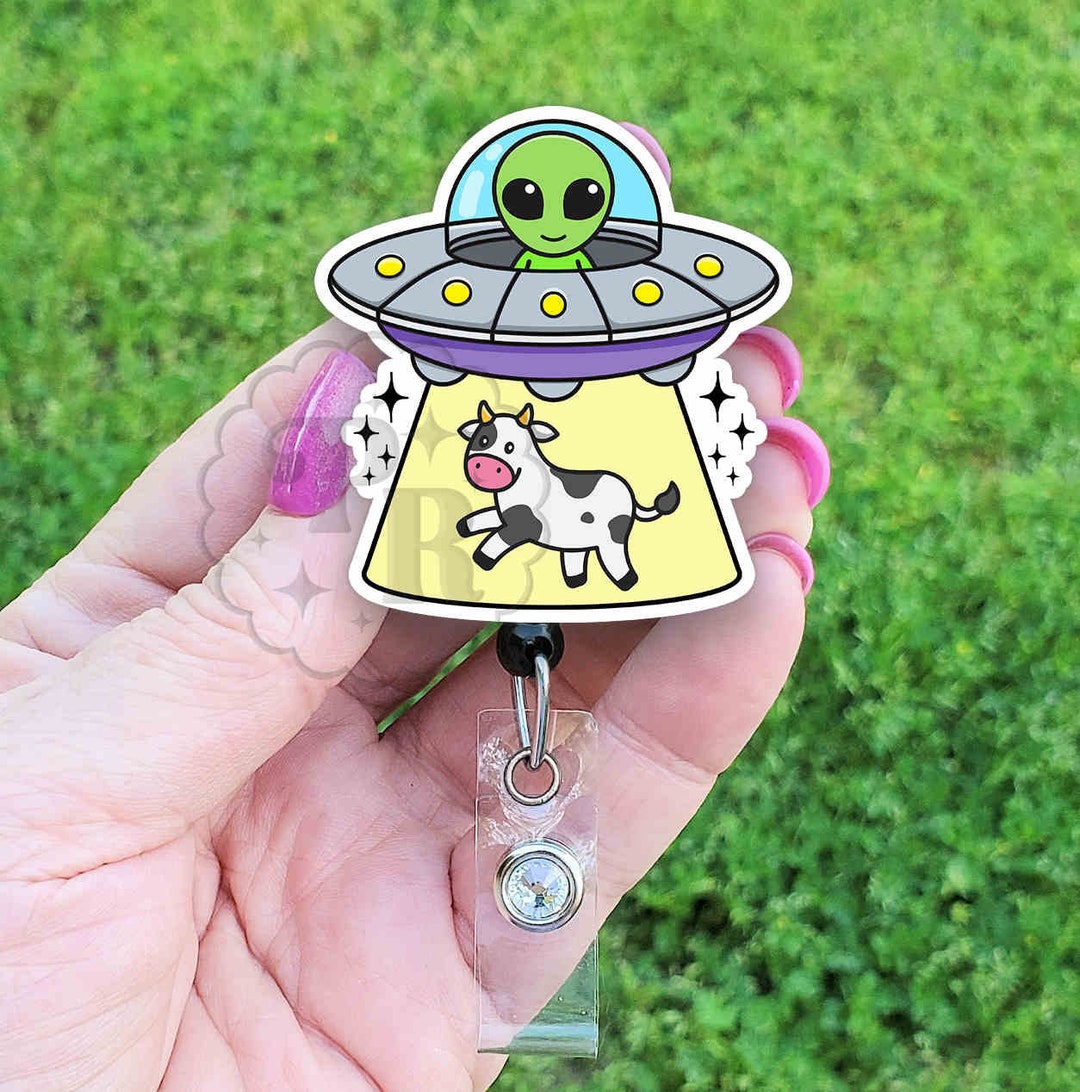 Funny UFO Abducting Cow Badge Reel, Alien Abduction Handmade Acrylic ...