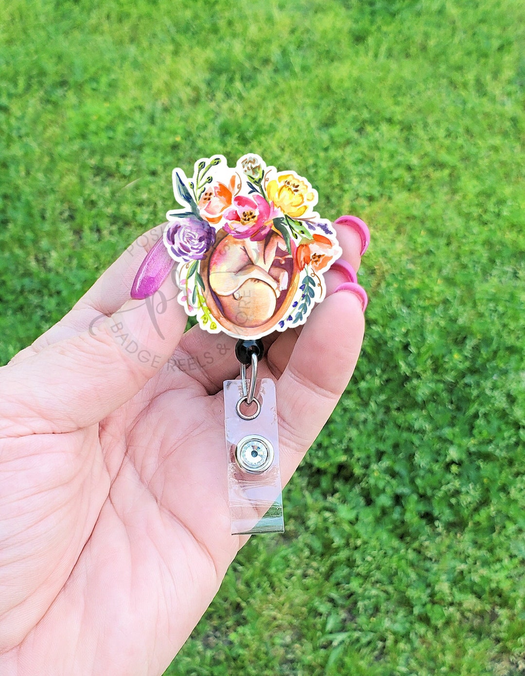 Floral Fetus Badge Reel Acrylic Floral Baby Badge Reel L&D Badge Reel ...