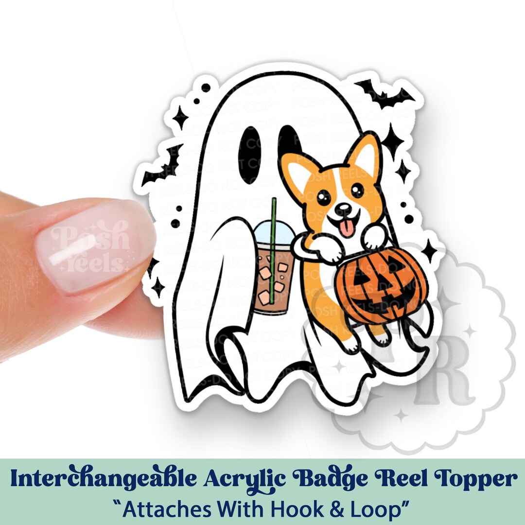 Halloween Ghost Holding Corgi Interchangeable Acrylic Badge Reel Topper ...