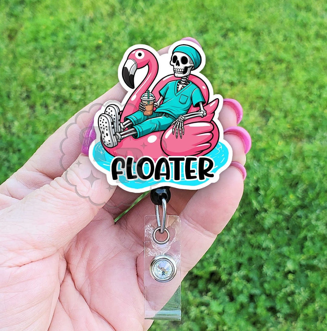 Float Nurse Badge Reel, Skeleton Nurse in Pink Flamingo Float Handmade ...