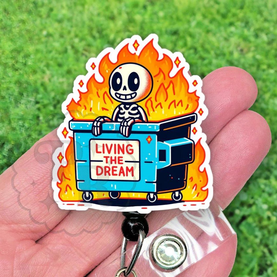 Funny Skeleton Badge Reel - Living the Dream Retractable Badge Holder ...