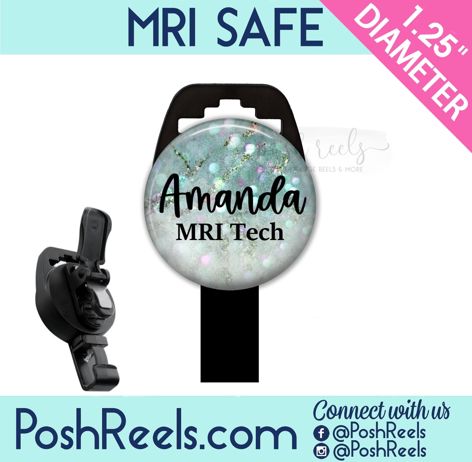 MRI Safe Retractable Badge Reel Teal and Silver Marble Badge | Etsy