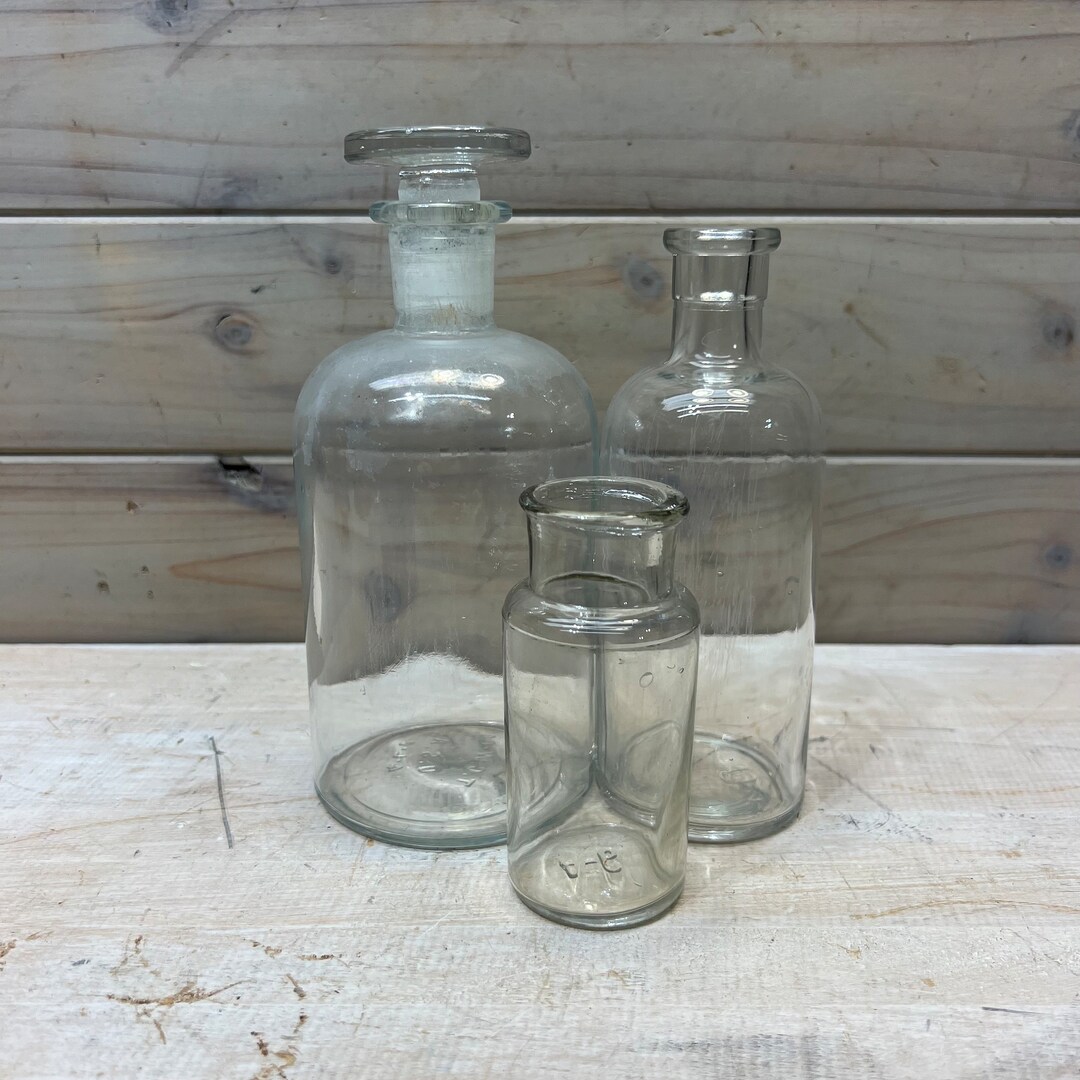 Vintage Science Apothecary Clear Bottles With Glass Stoppers, Chemistry ...