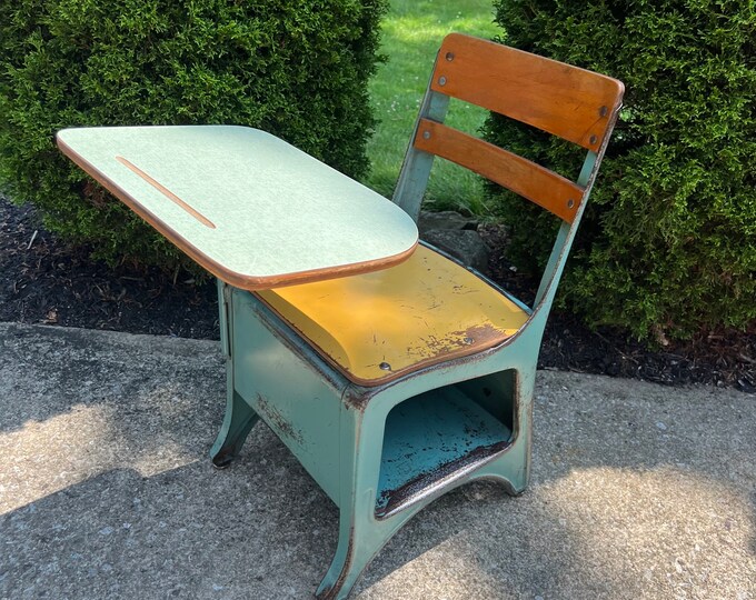 Vintage School Desk Metal -mid-century, Metal School Desk, Writing Desk ...