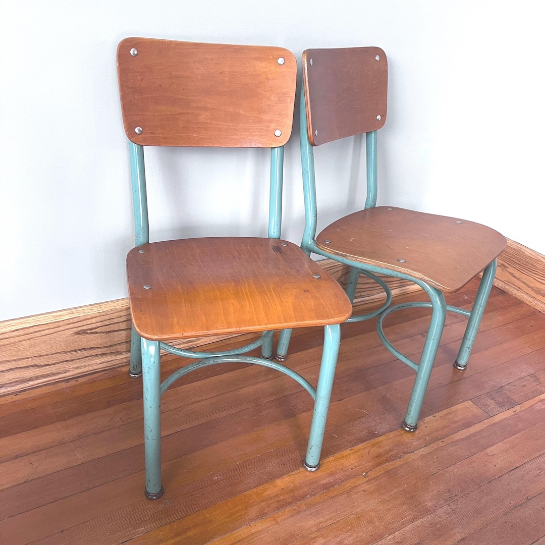Vintage Industrial School Chair Set, Blue Metal Frame, Solid Wood Seat ...