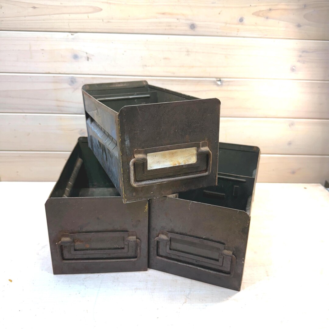 Vintage Industrial Metal Box, Hardware Parts Bin, Storage Drawer, Set ...