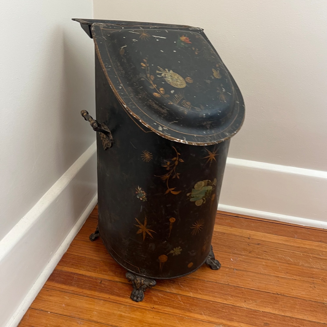 Antique Victorian Tole Coal Scuttle Box Farmhouse Fireplace Bin Ash Bin ...