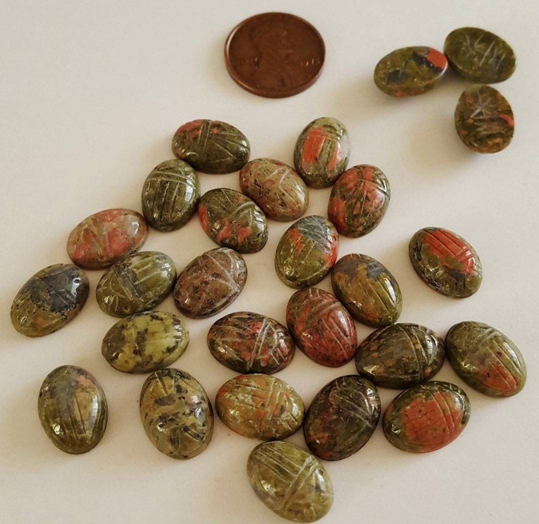 2 Vintage Genuine Epidote Unakite Gemstone 14x10mm. Oval Scarabs R565 ...