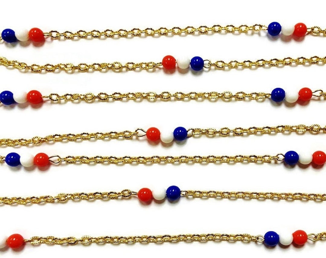 5 Feet Vintage Hong Kong Red White Blue Americana Beaded Gold Cable ...