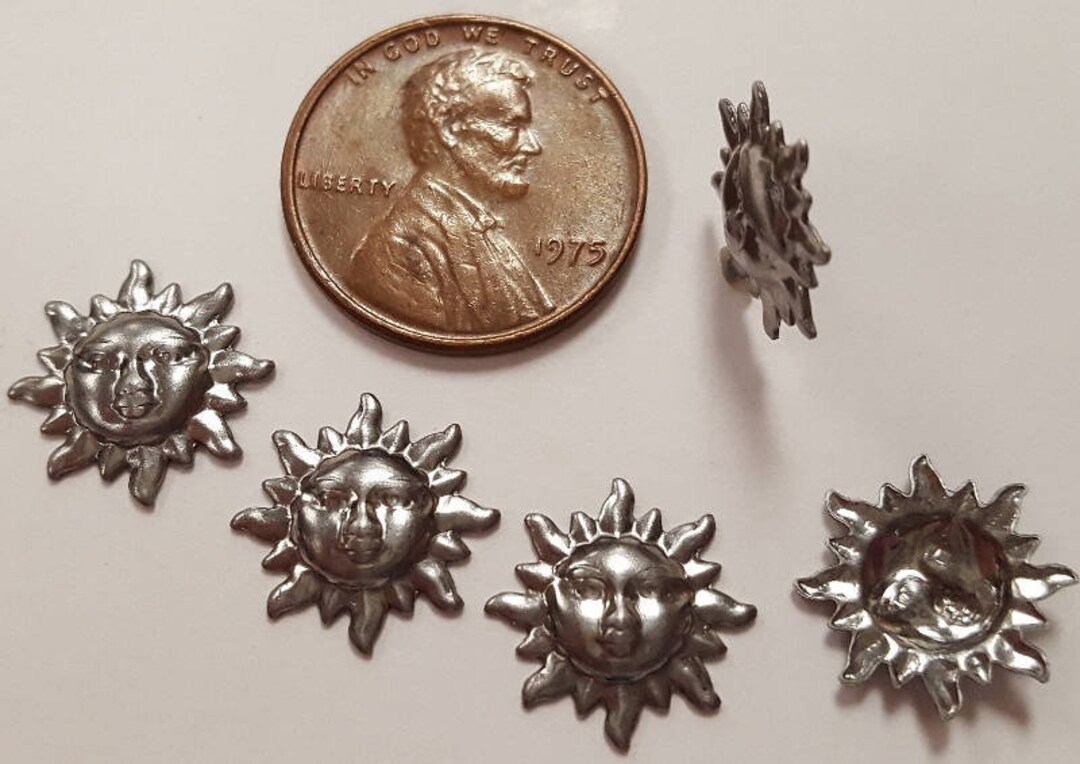 12 Vintage Steel Raised Smiling Sun 13mm. Silver Metal Stamping ...