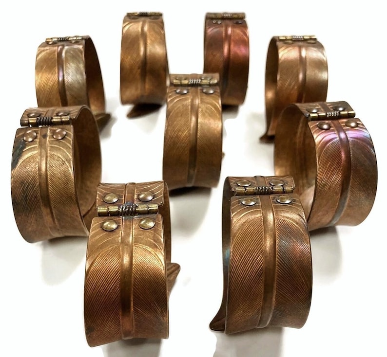 Vintage Patina Aged Solid Brass Etched Dual Feather Spring Hinged Cuff ...