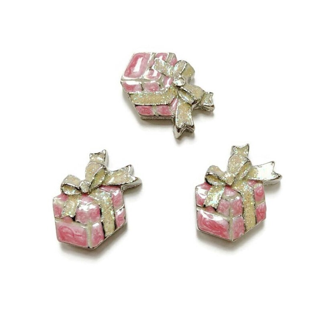 Pink Sparkle Enamel Gift Box Present With Bow 19mm. Silver Cabochon ...