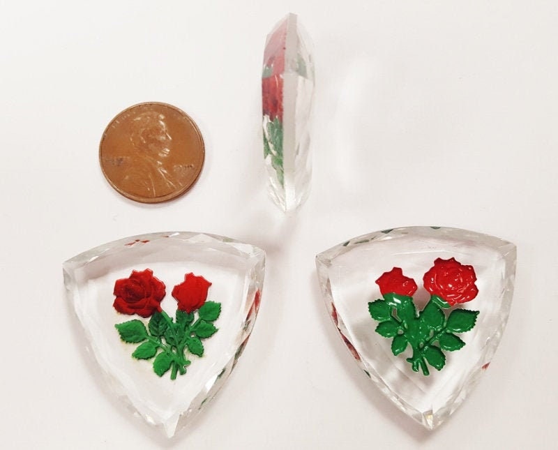 Vintage Crystal Glass Red Roses Flowers 35mm Triangle Reverse | Etsy
